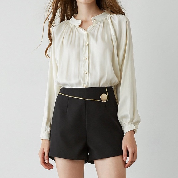 J.ING | Tops | Satin Ivory Puff Sleeve Blouse W Pearl Buttons By Jing ...